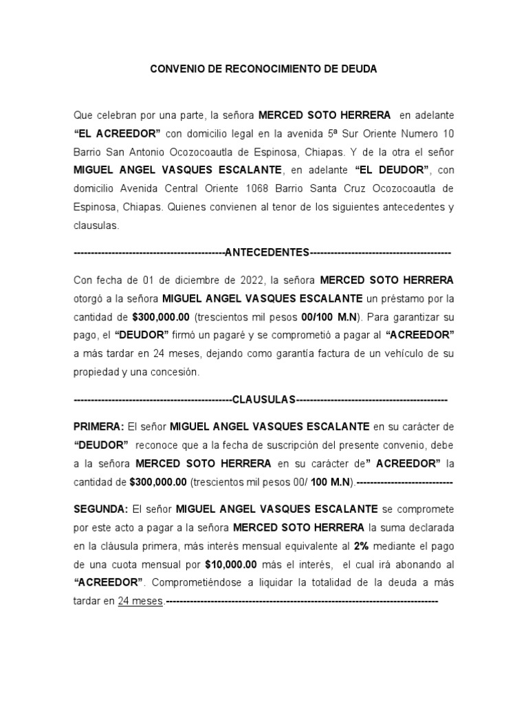 Convenio de Reconocimiento de Deuda | PDF | Pagos | Deuda