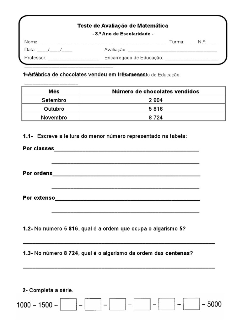 Teste Matemática 3.º Ano | PDF
