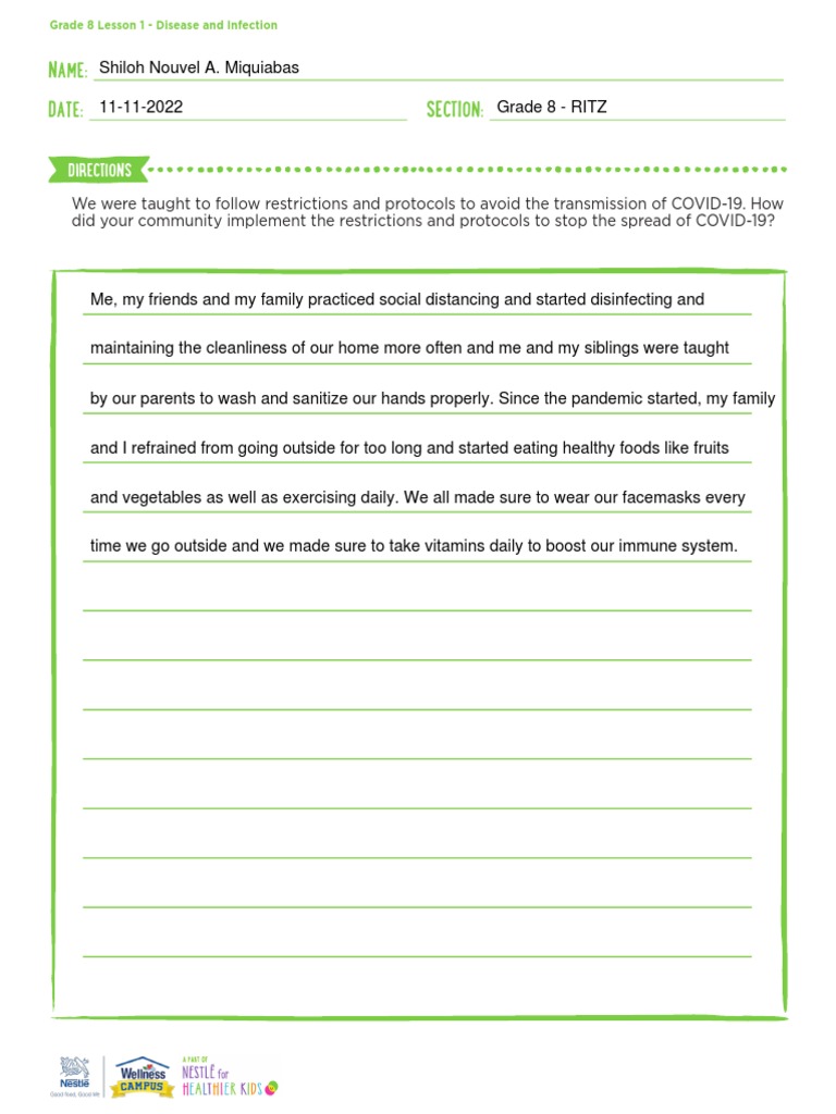 Lesson 1 - Disease and Infection Worksheet 3 | PDF