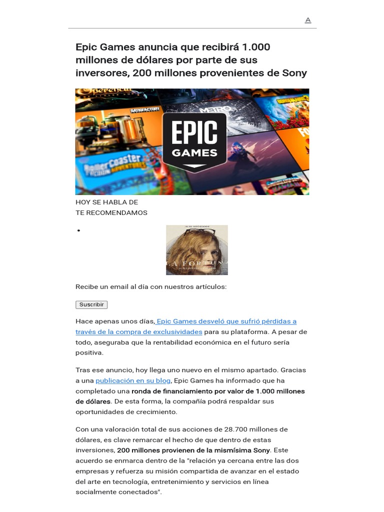 Epic Games Anuncia Que Recibirá 1.000 Millones de Dólares Por Parte de ... Epic Games Anuncia Que Recibirá 1.000 Millones de Dólares Por Parte de ...