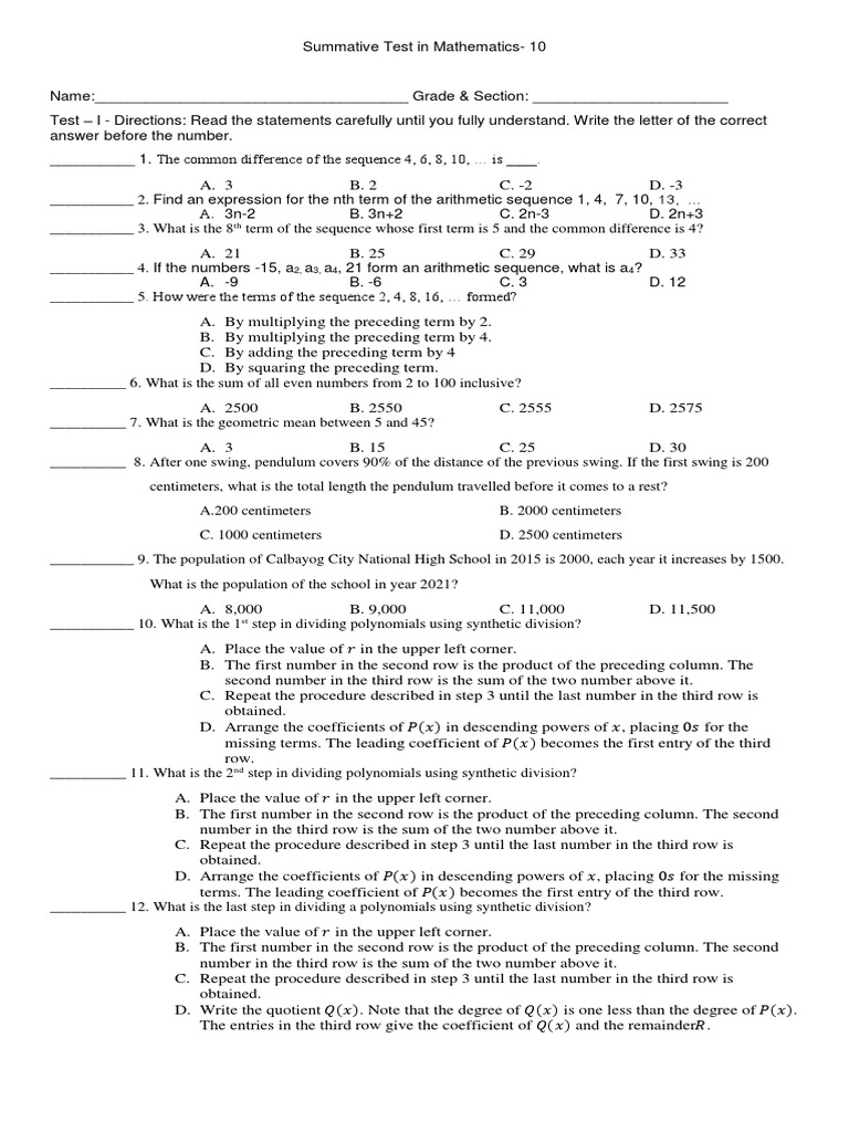 Summative Test in Mathematics 10 | PDF | Factorization | Polynomial