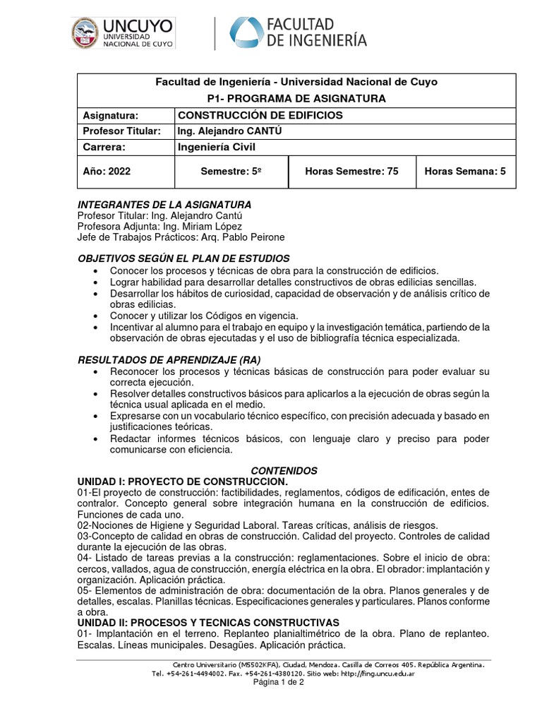 P1 - Programa Construcción Edificios-2022 | PDF | Prueba (evaluación) | Ingeniería