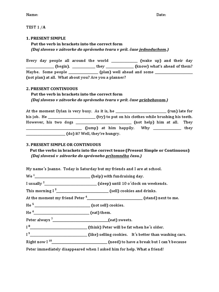 Project 4 - Introduction A - Present Tenses - Test, Forms A and B | PDF