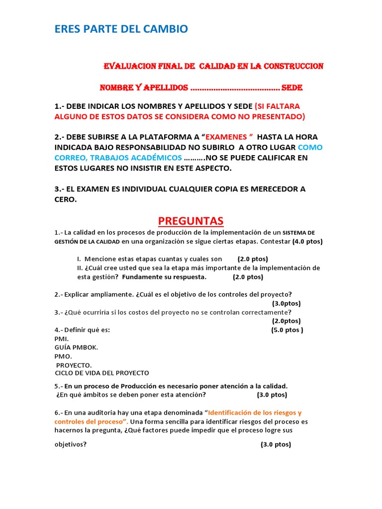 Examen Final de Calidad en La Construccion 2022-2 | Descargar gratis PDF | Gestión de proyectos ...