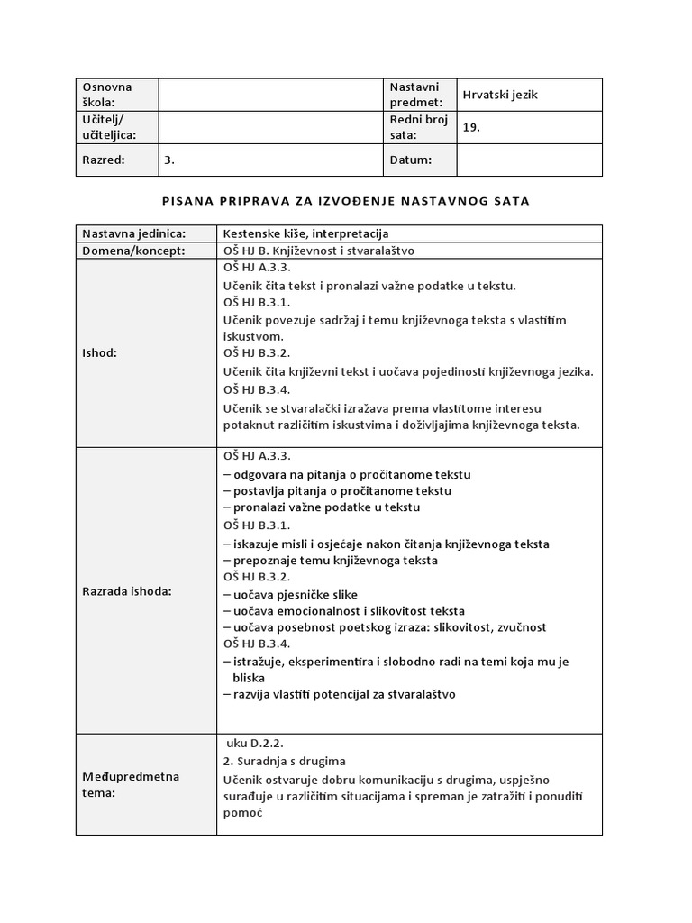 Pisana Priprava Za Izvođenje Nastavnog Sata | PDF