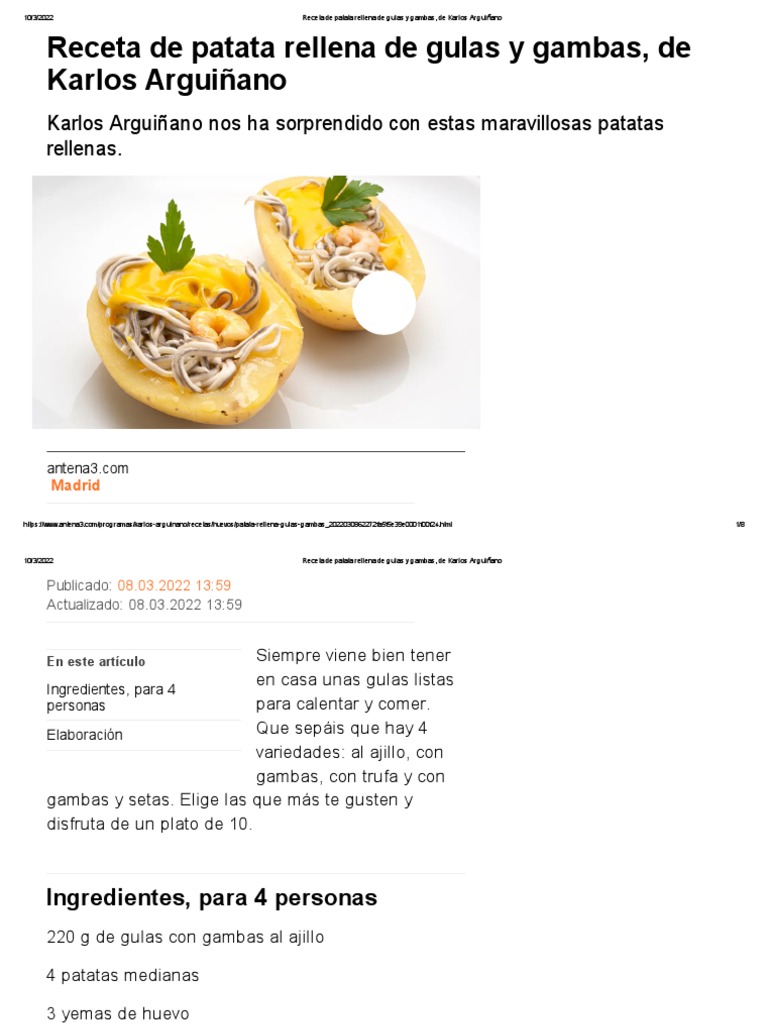 Receta de Patata Rellena de Gulas y Gambas, de Karlos Arguiñano | PDF | Cocina europea | Comida ...
