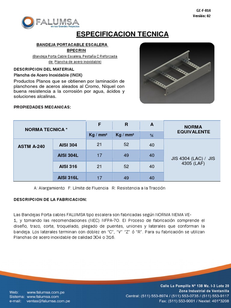 Ficha Técnica Bandeja Portacables Escalerilla | PDF
