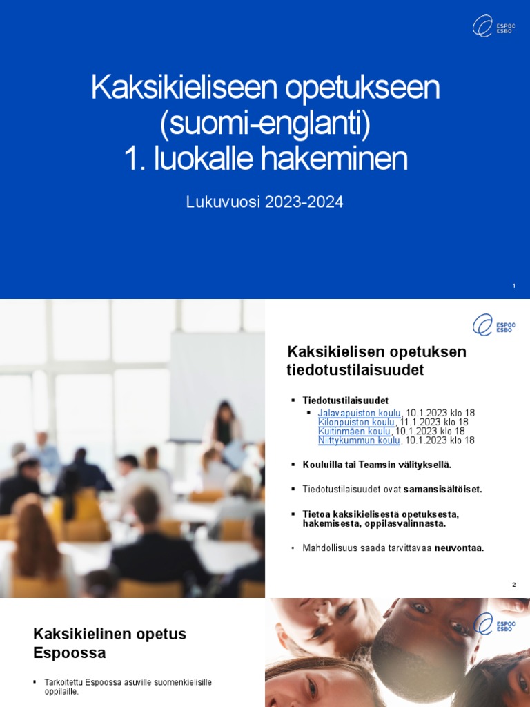 Kaksikieliseen Opetukseen 1. Luokalle Hakeminen - 2023-2024 | PDF