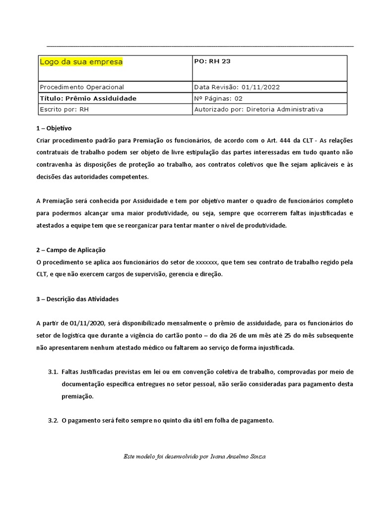 Modelo De Mapa De Assiduidade Mensal