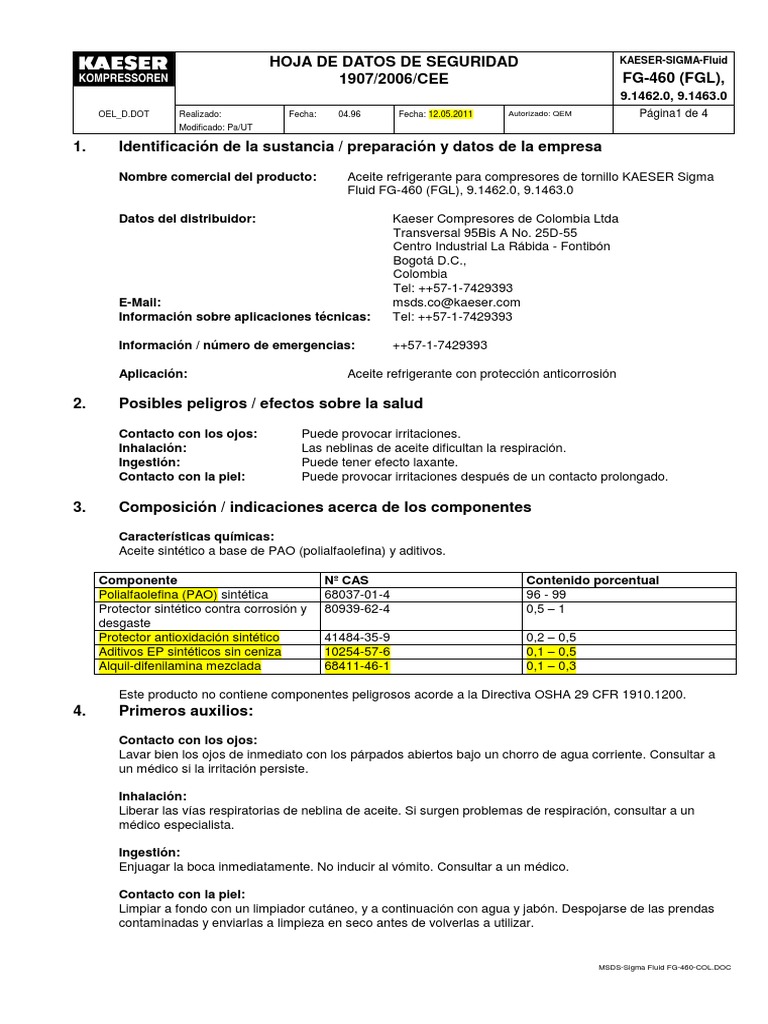 MSDS-Sigma Fluid FG-460 MAYO 2011 | Descargar gratis PDF | Agua | Petróleo