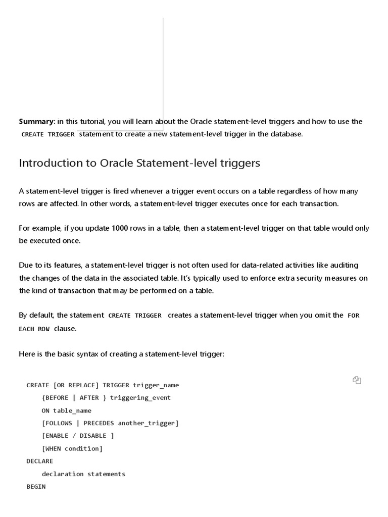 102 Oracle Statement Level Triggers By Practical Examples Pdf Computer Data Data Management