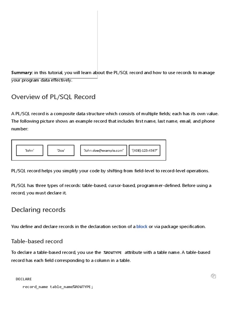 An Essential Guide To PL - SQL Record | PDF | Pl/Sql | Computer Programming
