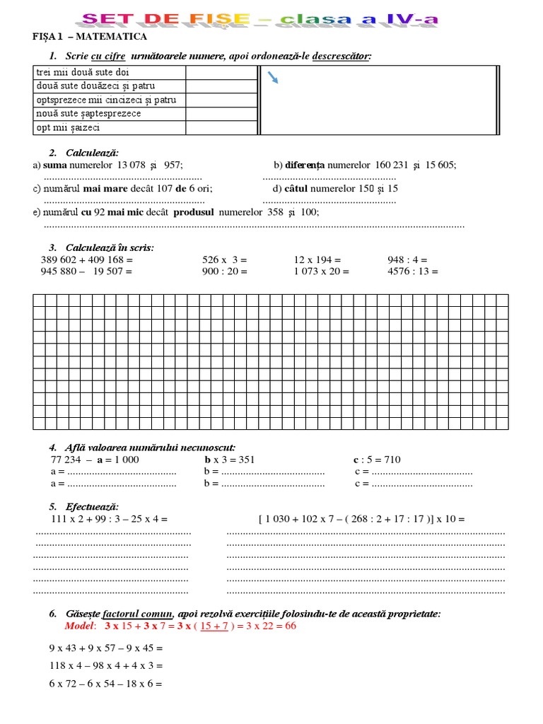 Fise Matematica Clasa A4a | PDF