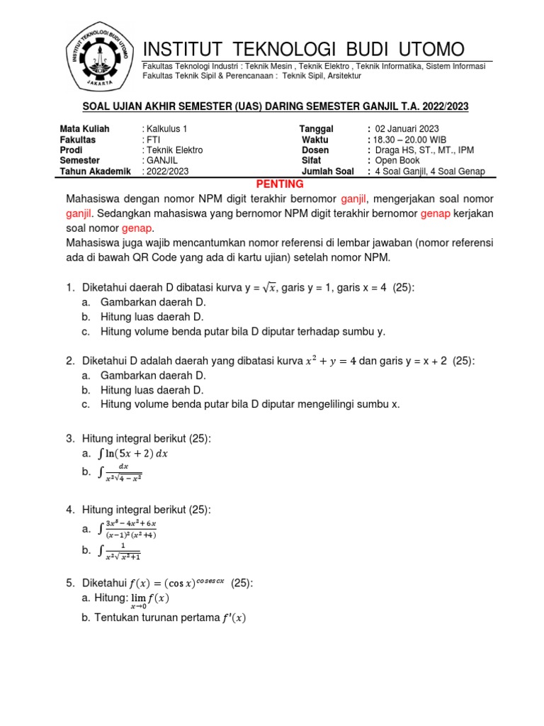 Soal Uas Daring Kalkulus 1 k1 Ganjil 22-23 Teknik Elektro | PDF
