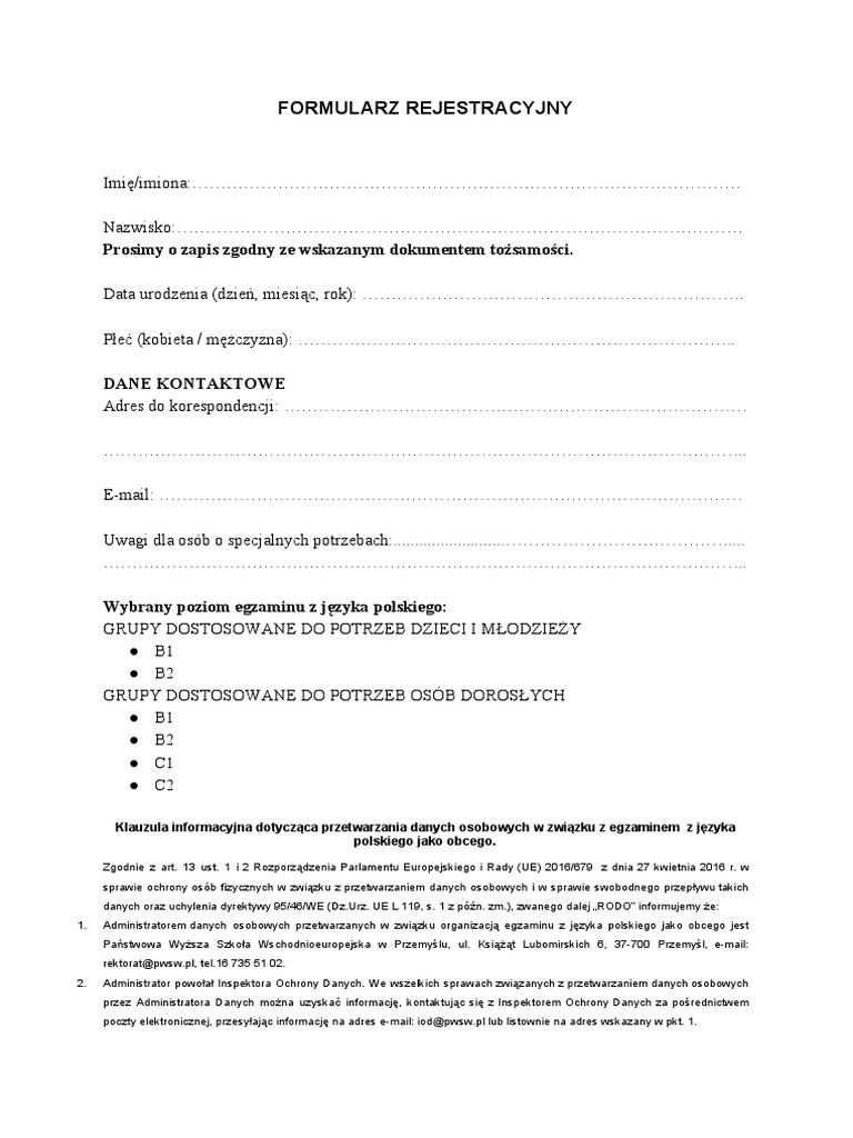 Formularz Rejestracyjny | PDF