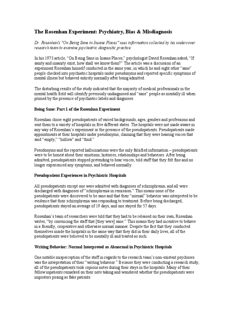 The Rosenhan Experiment | PDF | Medical Specialties | Behavioural Sciences