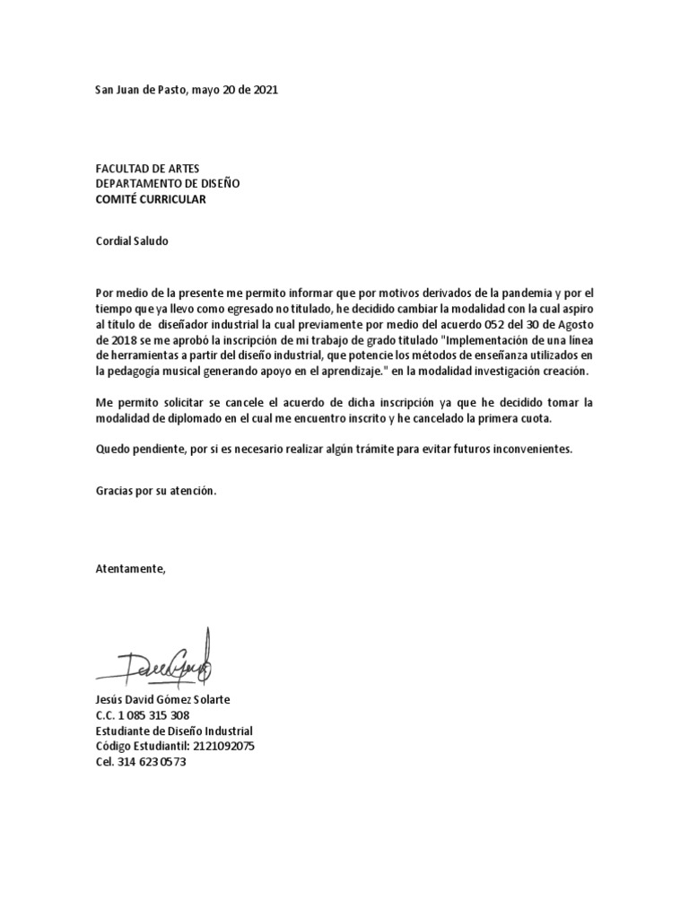 Carta Comite Curricular Jesus David Gomez Solarte | PDF Carta Comite Curricular Jesus David Gomez Solarte | PDF