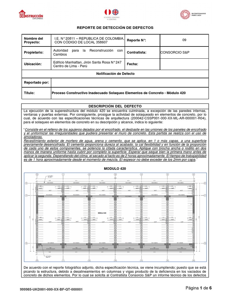 Reporte de defectos de construcción en el Módulo 420 | PDF | Hormigón ...