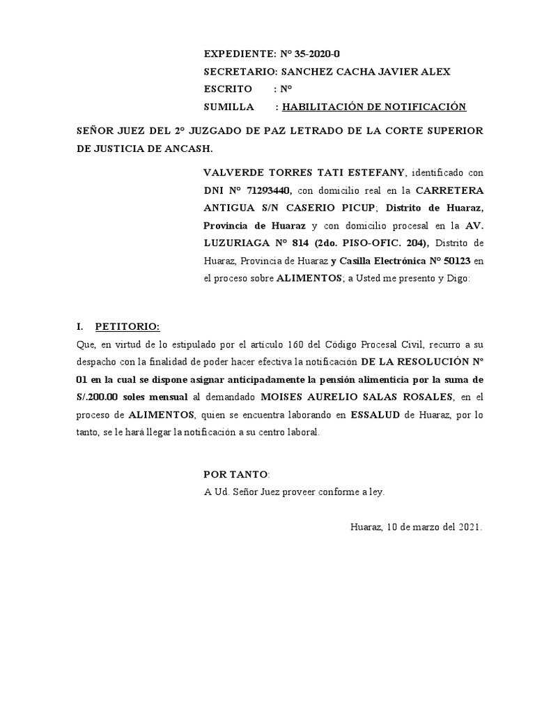 Escrito Habilitación de Notificación Valverde Torres Tati Estefany | PDF
