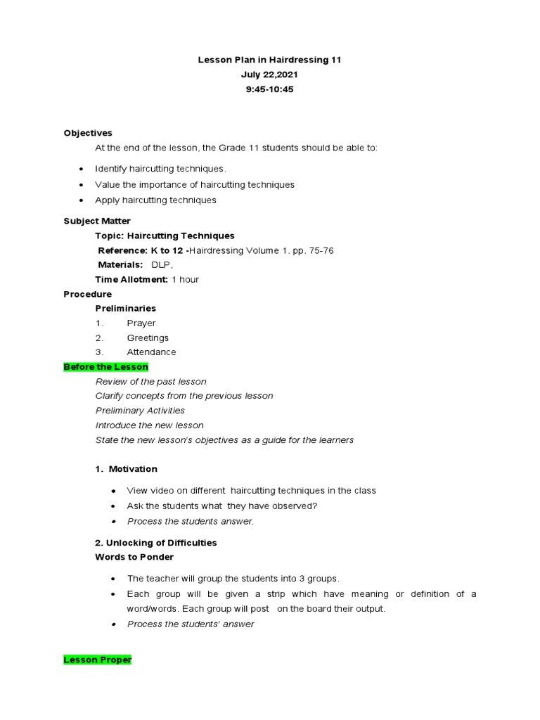 DETAILED LP - Hairdressing 11 (Haircutting Techniques) | PDF | Teachers ...