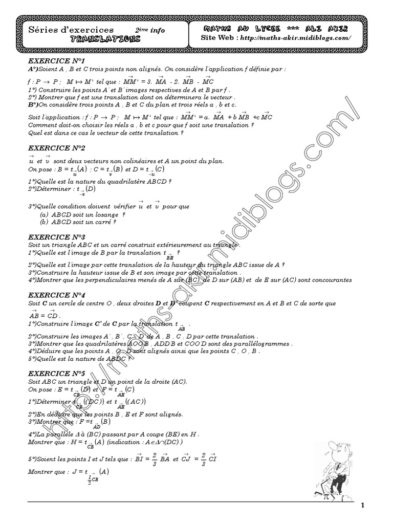 Série D'exercices - Math - Translation - 2ème Info | PDF | Cercle ...