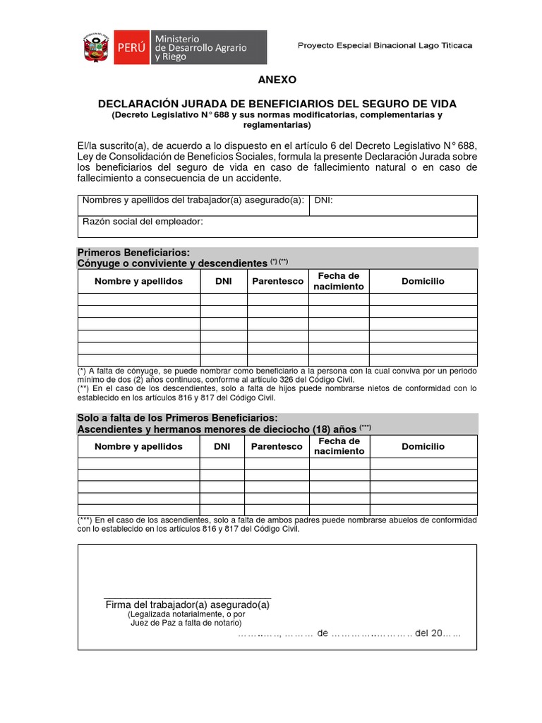 Declaracion Jurada para Seguro Vida Ley 2022 | PDF