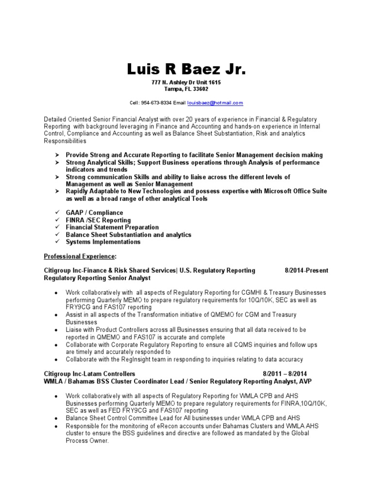 Resume of Luis Baez | PDF | Regulatory Compliance | Financial Analyst