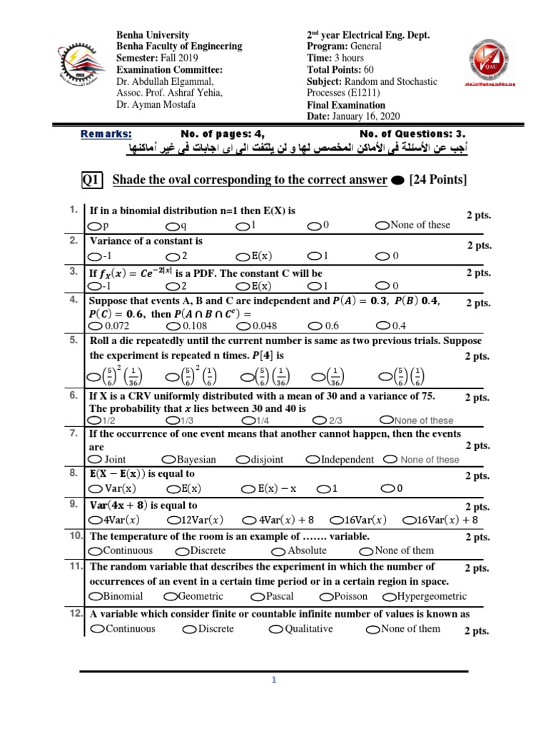 Final Examination - Fall 2019 | PDF | Probability Distribution ...