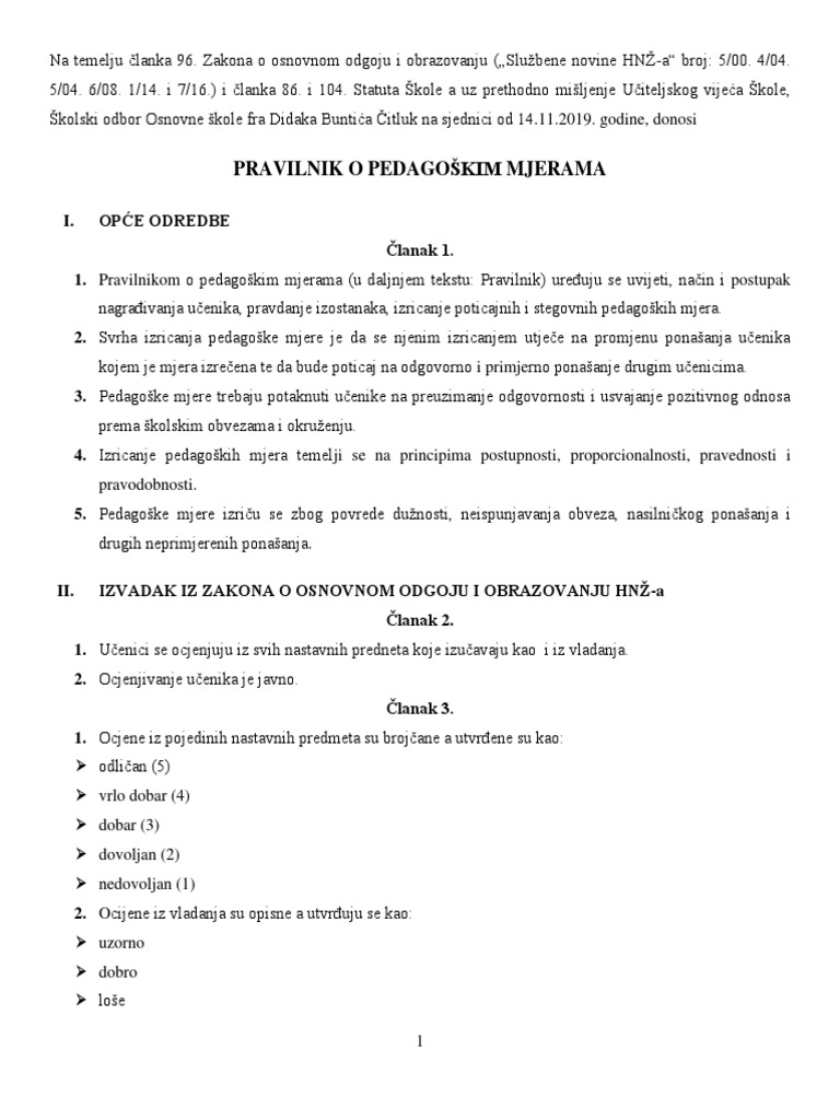 Pravilnik-O-Pedagoskim-Mjerama OS Citluk | PDF