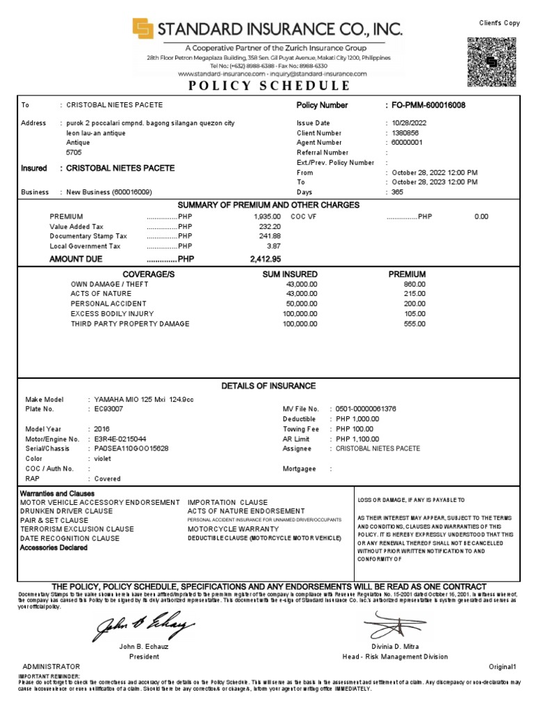 Policy Schedule: Cristobal Nietes Pacete | PDF | Insurance | Deductible