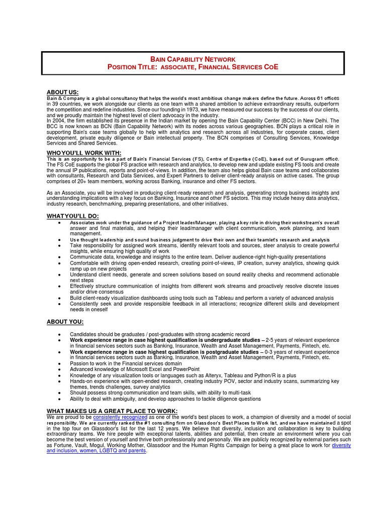 Bain Financial Services Associate Role | PDF | Analytics | Business