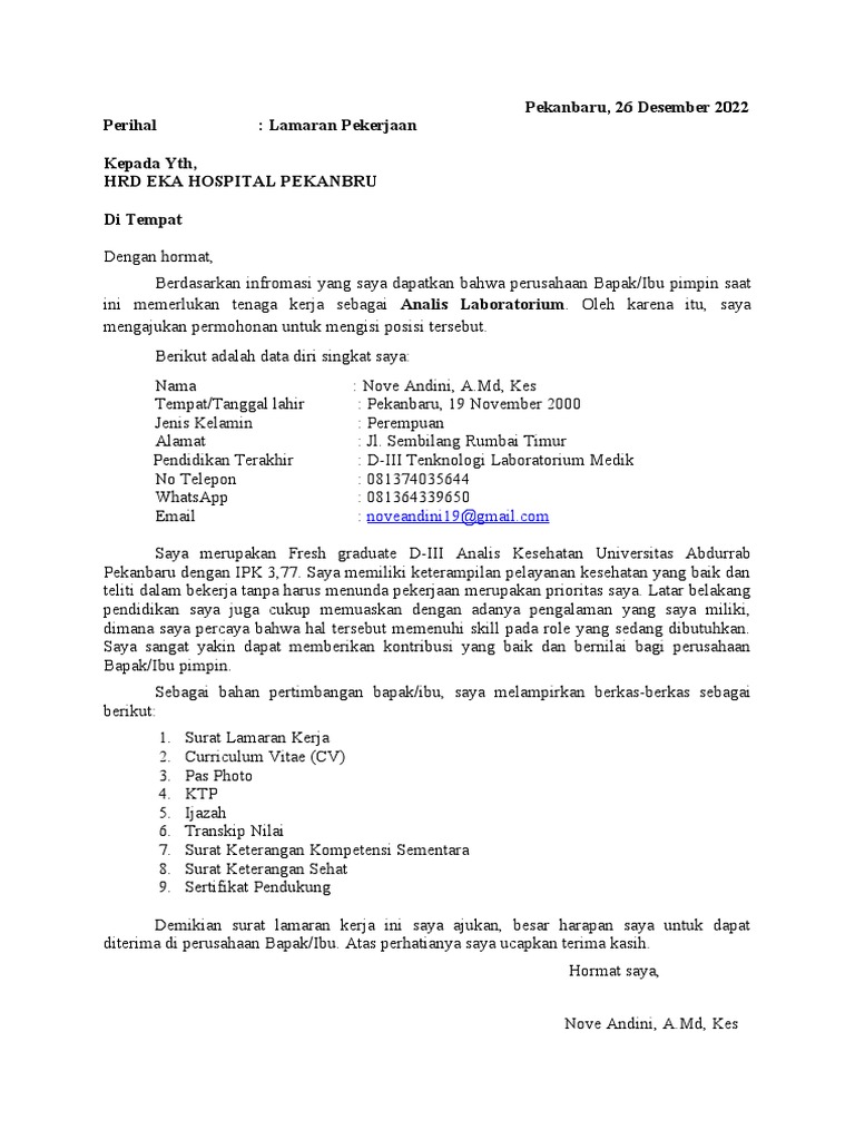 Surat Lamaran Eka Hospital Pekanbaru | PDF