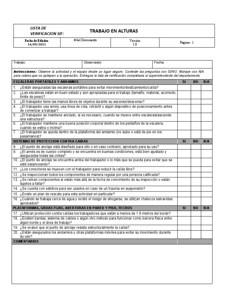 184.SEG - FOR.033 Lista de Verificacion SIF - Trabajo en Alturas | PDF