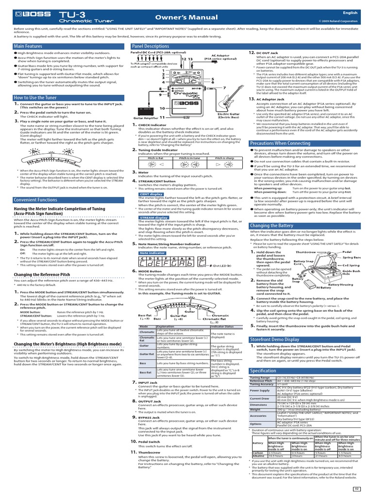 Boss TU-3 Manual | PDF | Power Supply | Guitars