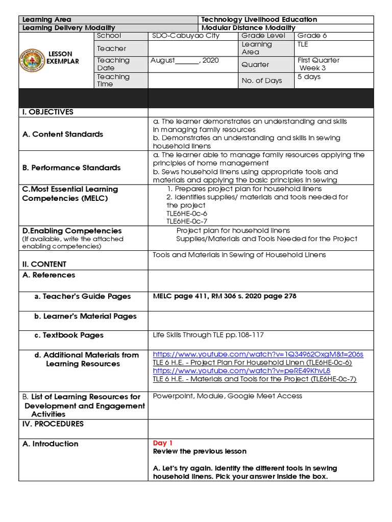 Lesson Exemplar 3 in HE 6 | PDF | Textiles | Rubric (Academic)