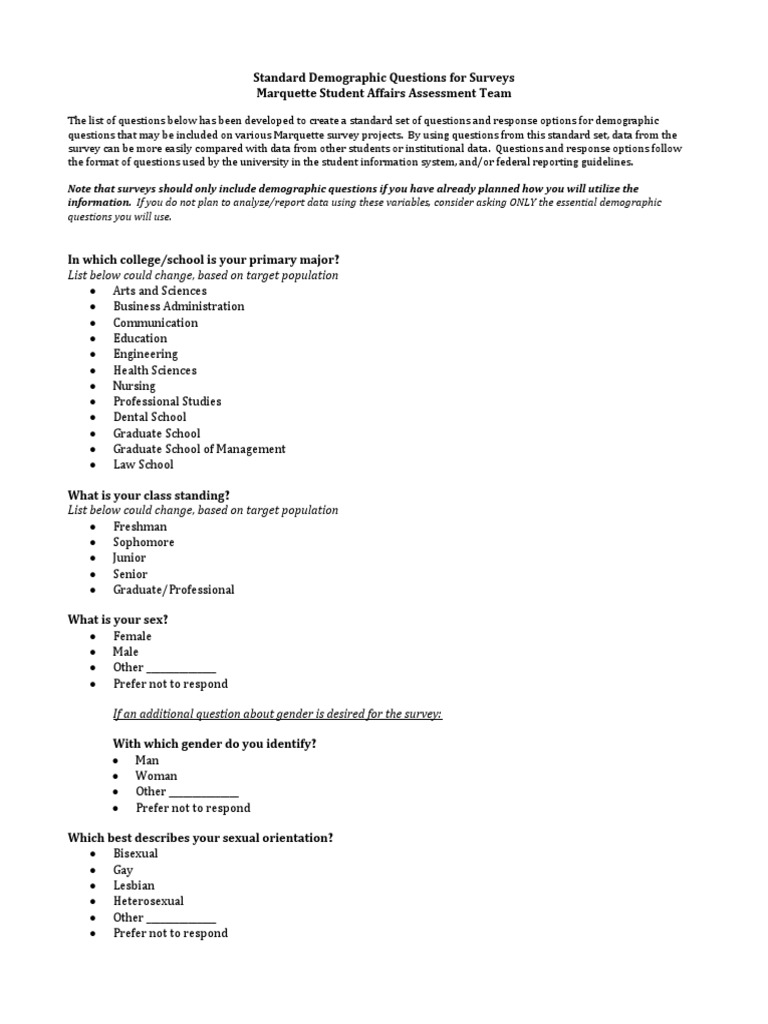 Standard Demographic Questions For Surveys | PDF | Race And Ethnicity ...