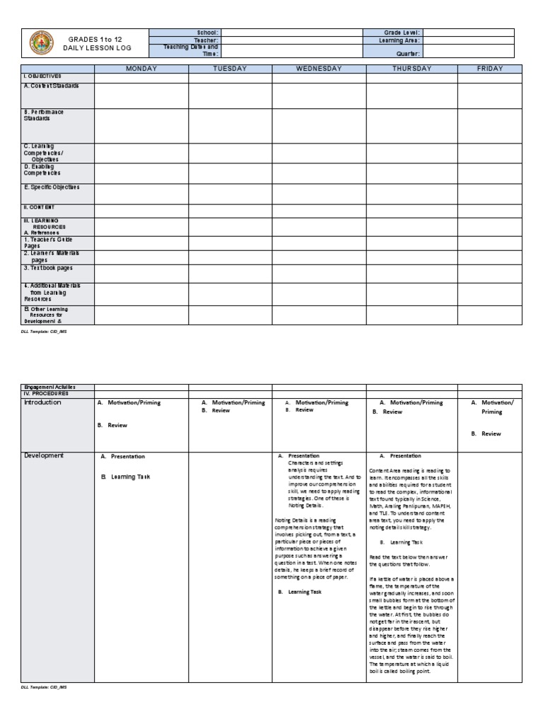 New DLL TEMPLATE | PDF | Reading Comprehension | Teaching