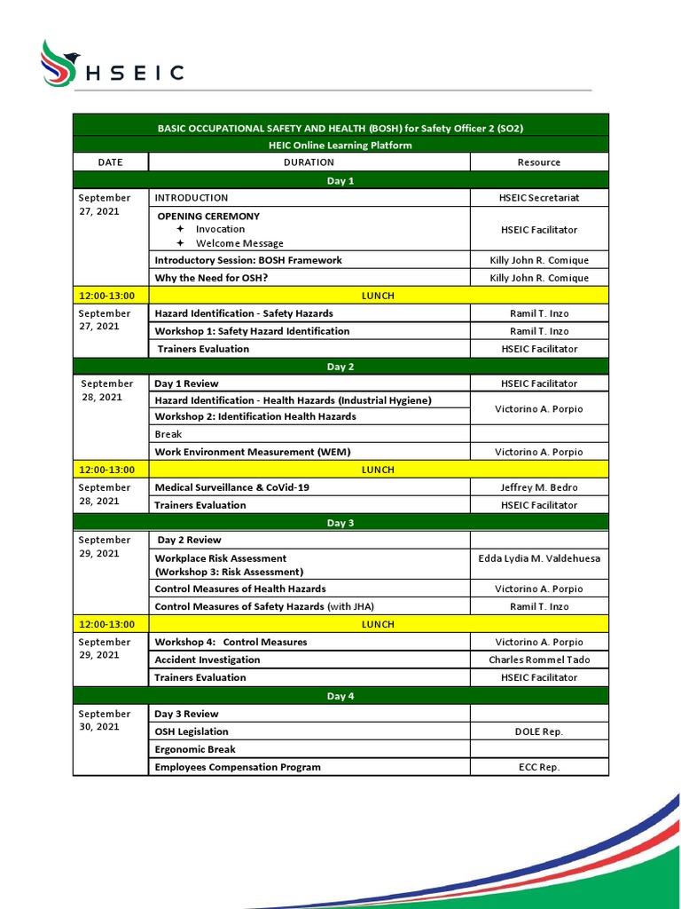BOSH Training Agenda for Safety Officers | PDF