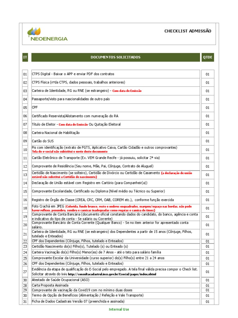 Checklist Admissão | PDF | Governo e personalidade