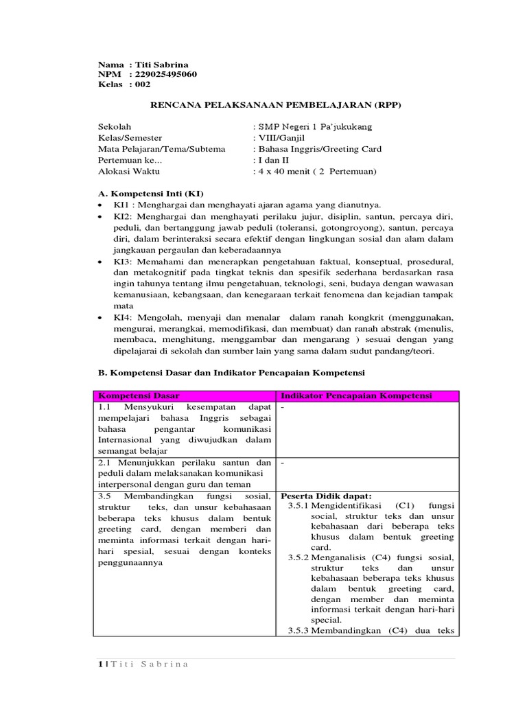 RPP Aksi 1 Titi Sabrina | PDF | Karier & Perkembangan | Seni