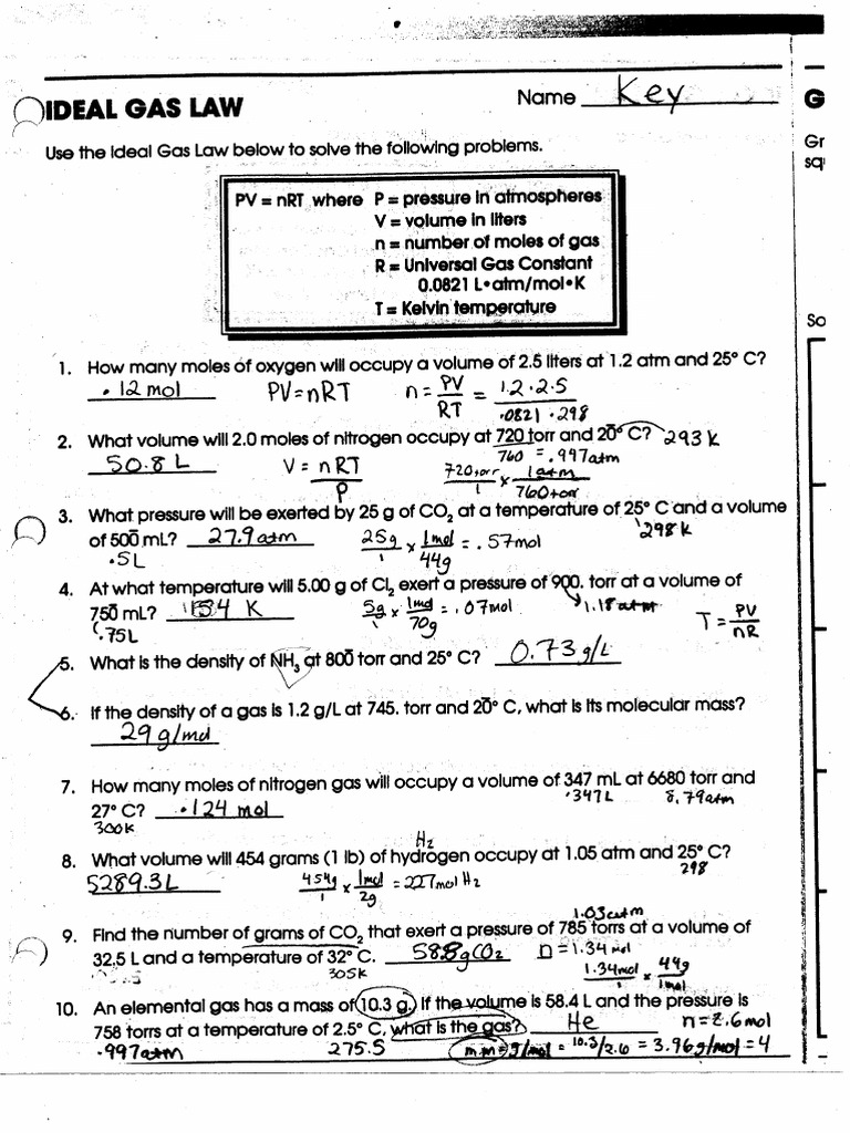 Ideal Gas Law Worksheet KEY | PDF