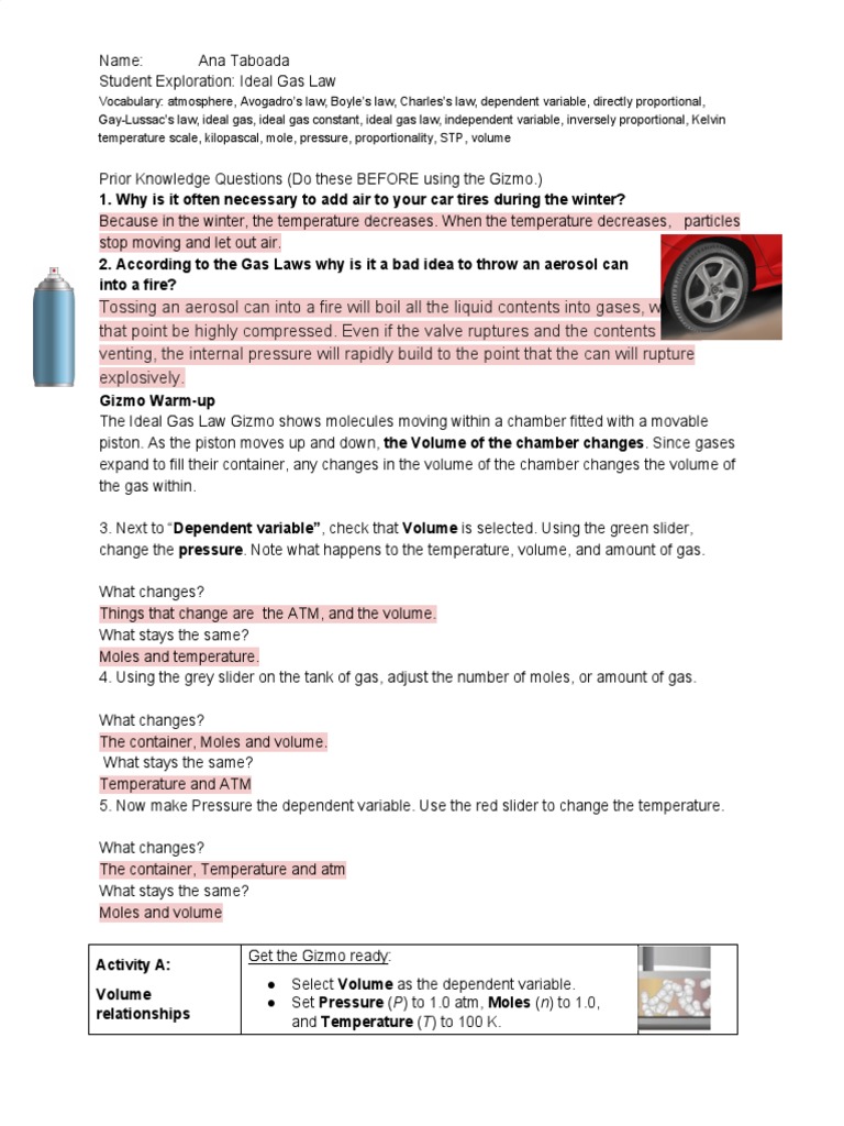 Ana Taboada Ideal Gas Law Virtual Lab Analysis Questions PDF | PDF