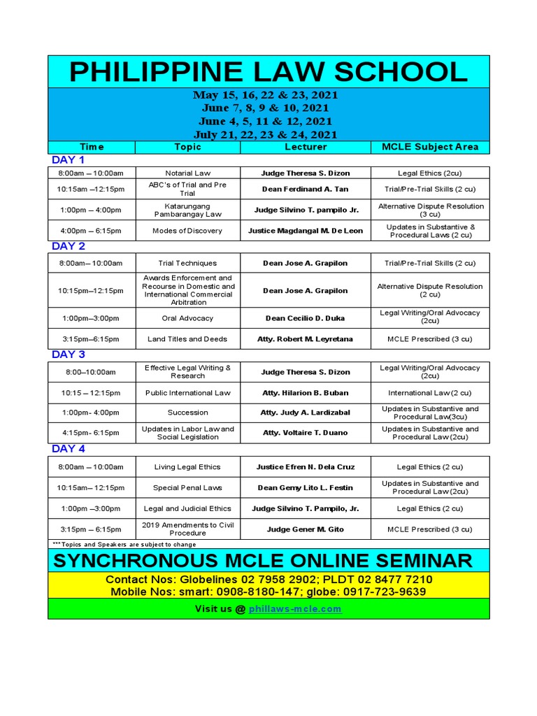 Philippine Law School MCLE Seminar Schedule | PDF | Separation Of ...