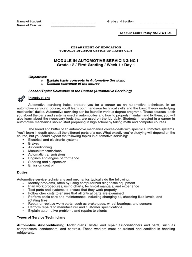 Module 1 - Automotive Servicing NCI | PDF | Brake | Car