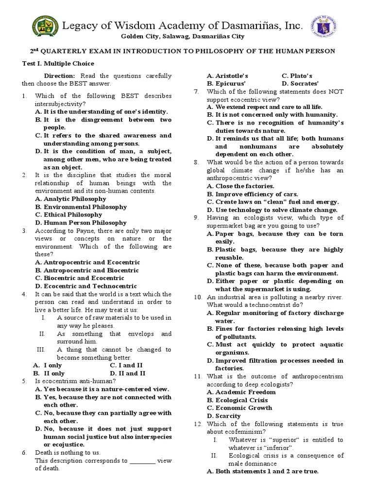 2nd Quarterly Exam In Intro To Philosophy Of The Human Person Pdf