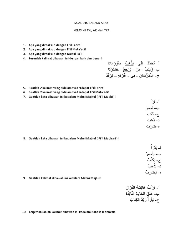 SOAL UTS BAHASA ARAB Kelas XII | PDF