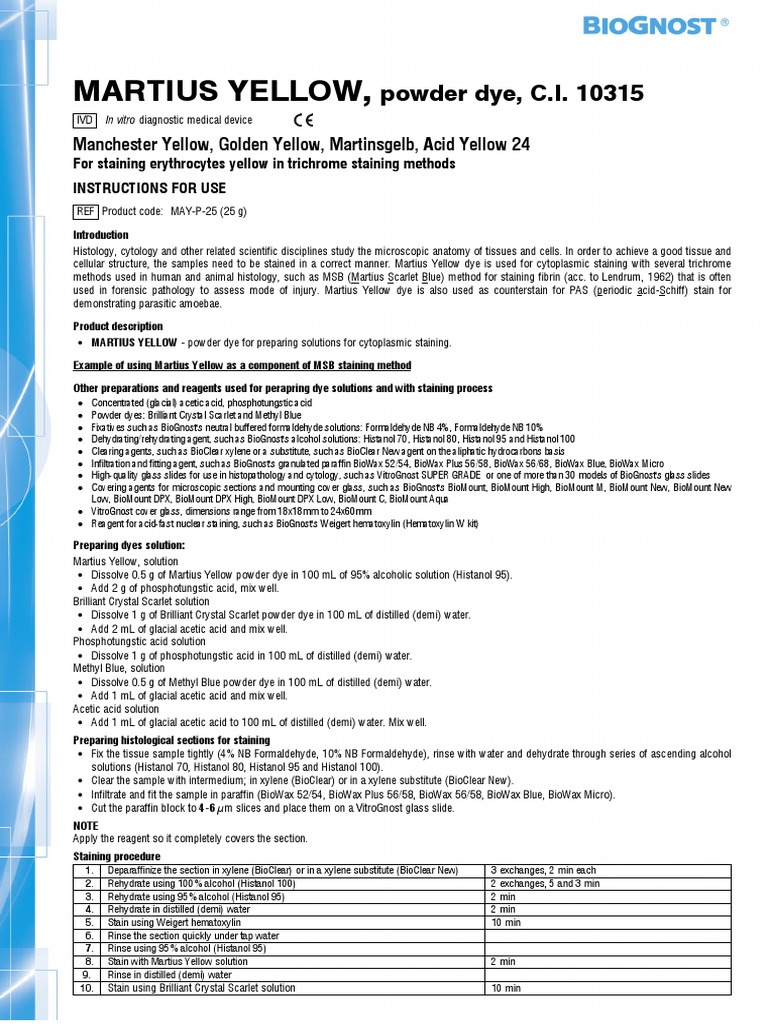 Martius Yellow Powder Dye IFU V1 EN1 | PDF | Staining | Histology