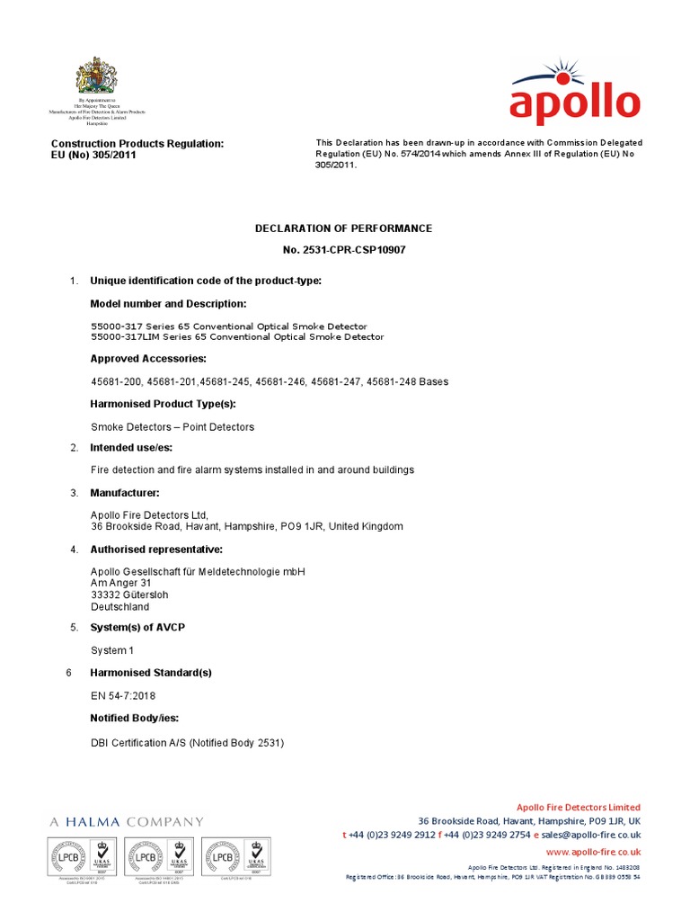 Smoke Detector Performance Declaration | PDF | Sensor | Electromagnetic ...