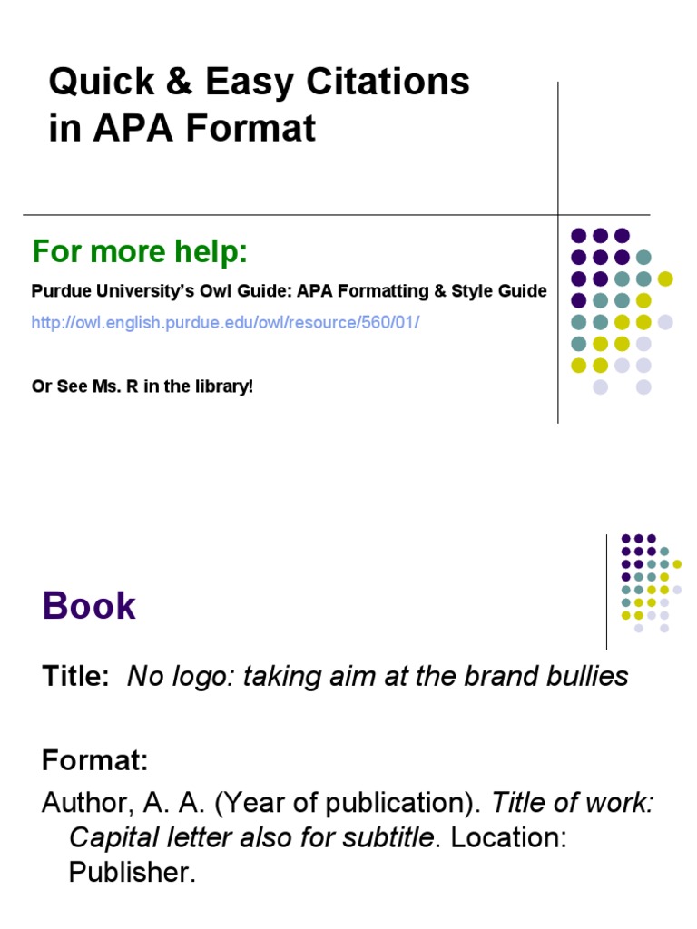 Quick & Easy Citations in APA Format: For More Help | PDF | Foreign ...