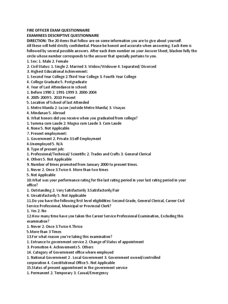 Fire Officer Exam Questionnaire Overview | PDF